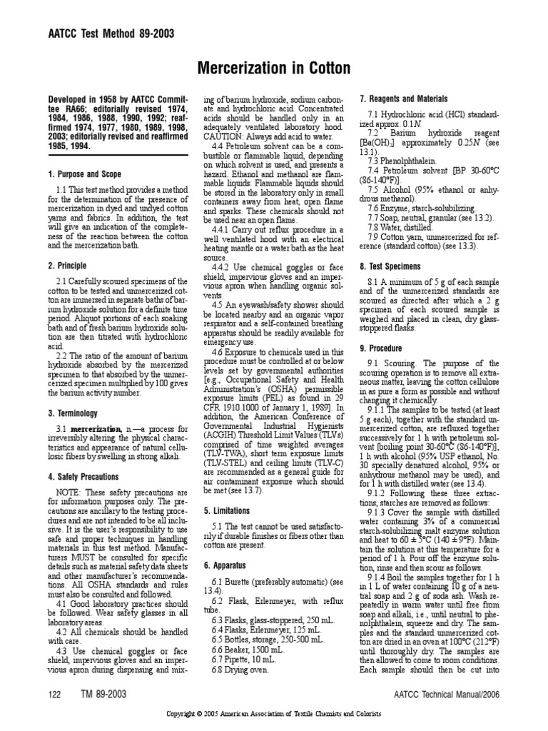 AATCC - 89 - Mercerization in Cotton | PDF | Ethanol | Hydrochloric Acid