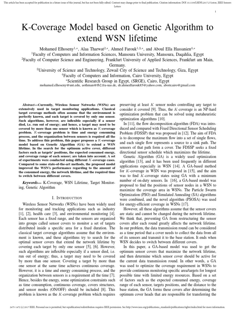 K-Coverage Model Based On Genetic Algorithm To Extend WSN Lifetime | PDF | Wireless Sensor ...