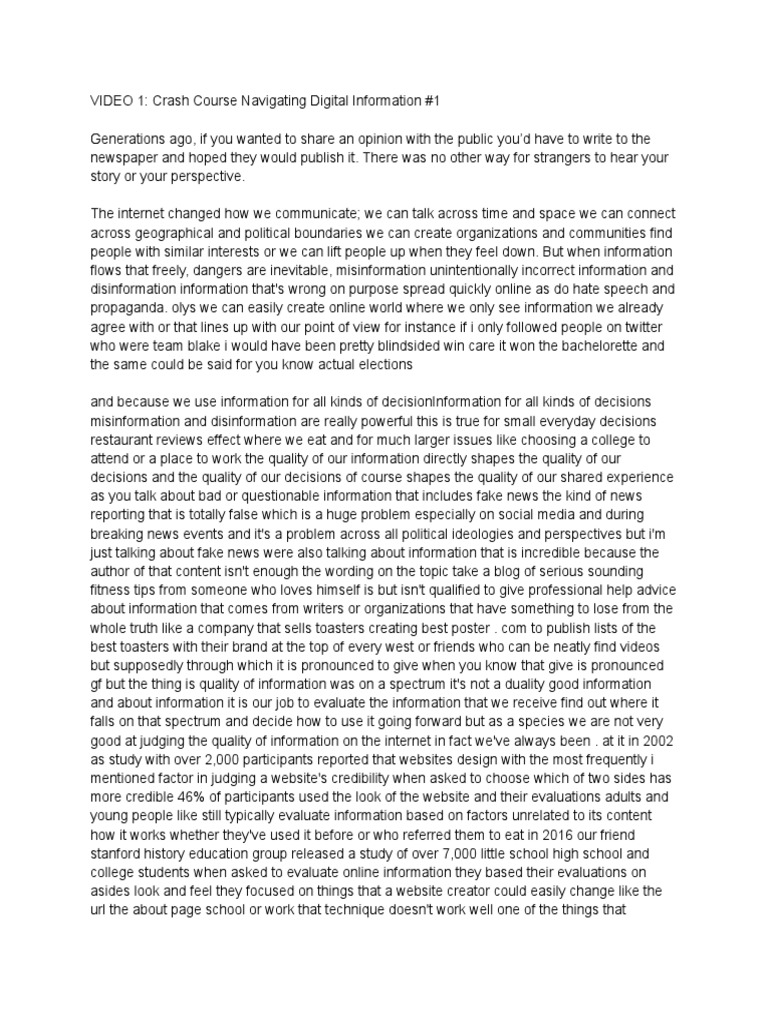 Crash Course 1 Navigating Digital Information Transcript | PDF | News ...