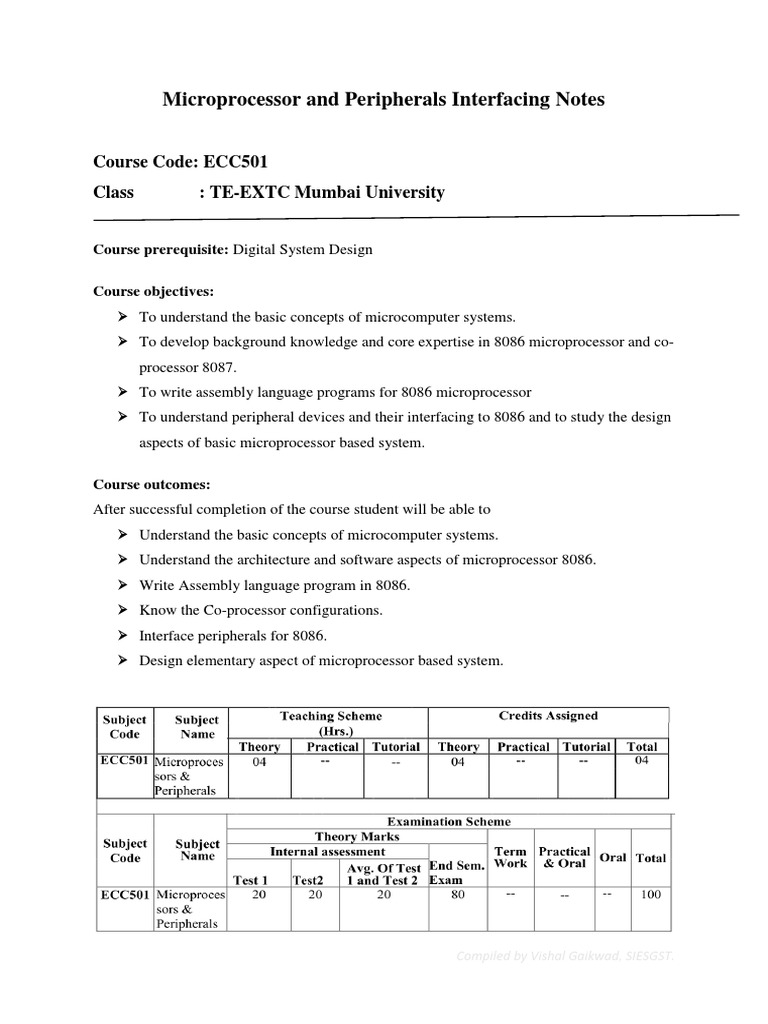 Microprocessor and Peripherals Interfacing Notes: Course Code: ECC501 ...