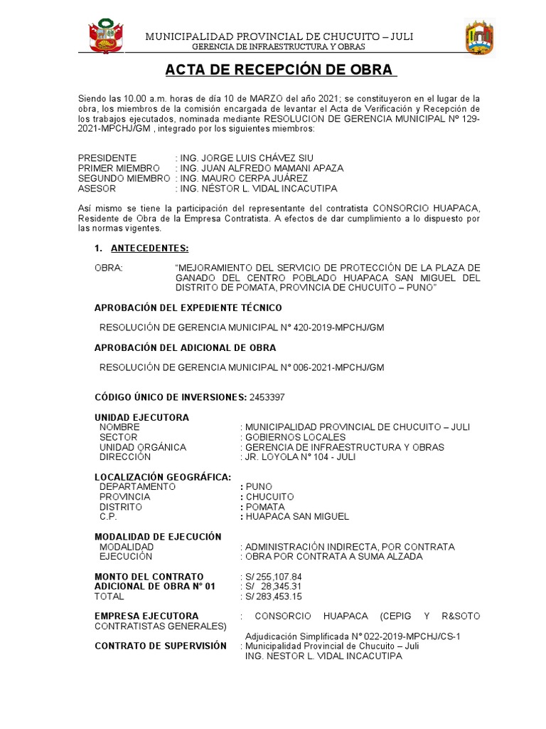 Acta de Recepcion de Obra | PDF