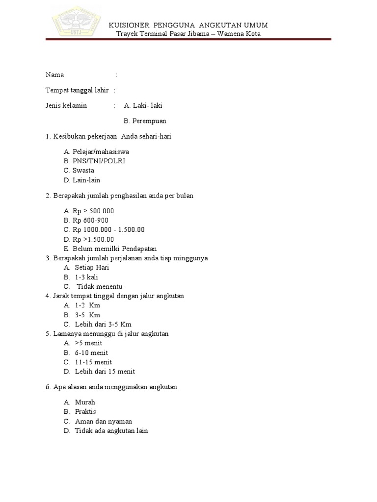 Kuesioner Untuk Pengguna Angkutan Umum | PDF Kuesioner Untuk Pengguna Angkutan Umum | PDF