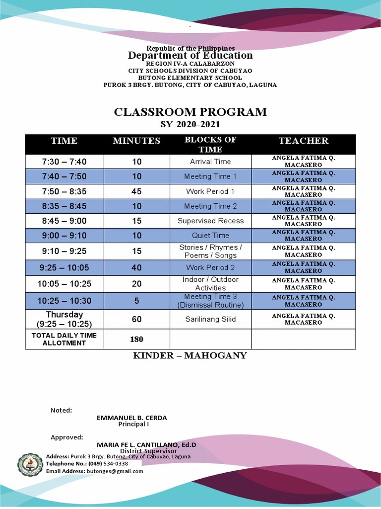 Class Program Kinder 2020 2021 | PDF | Philippines | Public Administration