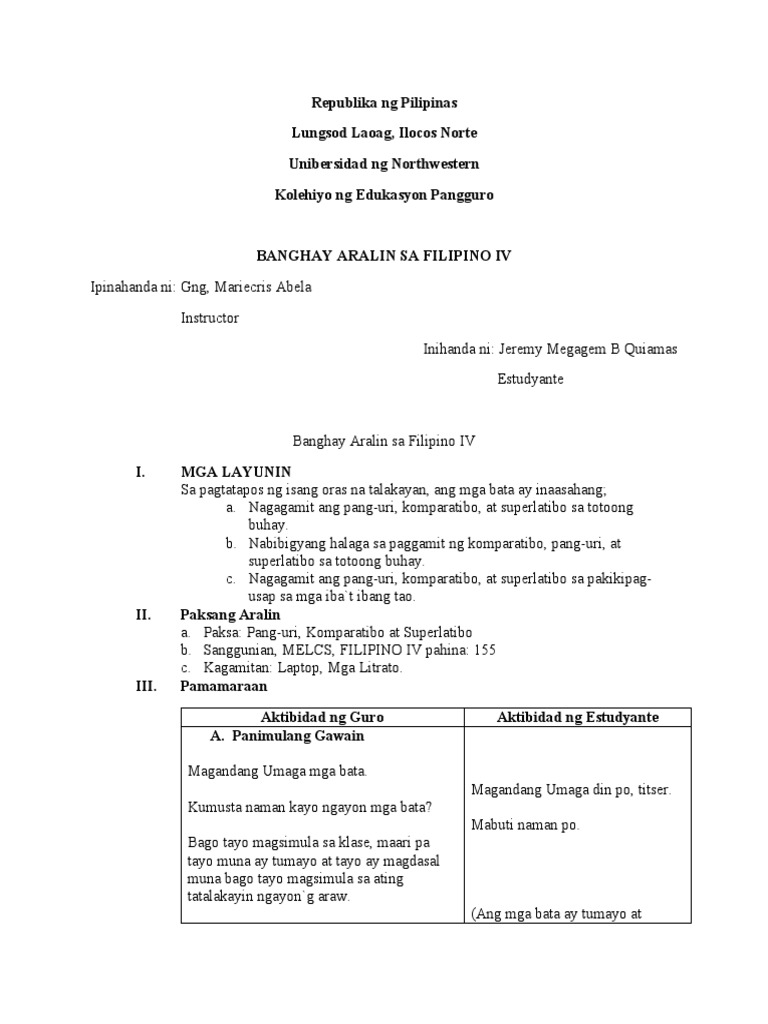 Banghay Aralin Sa Filipino | PDF