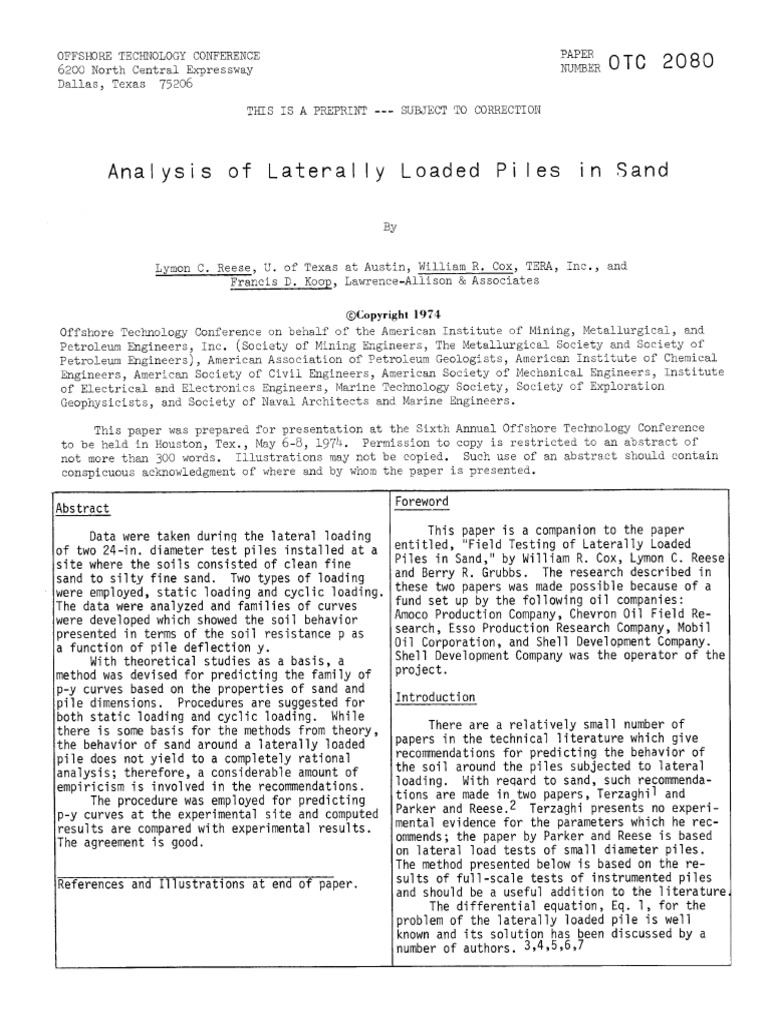 1974 - Reese-Analysis of Laterally Loaded Piles in Sand | PDF