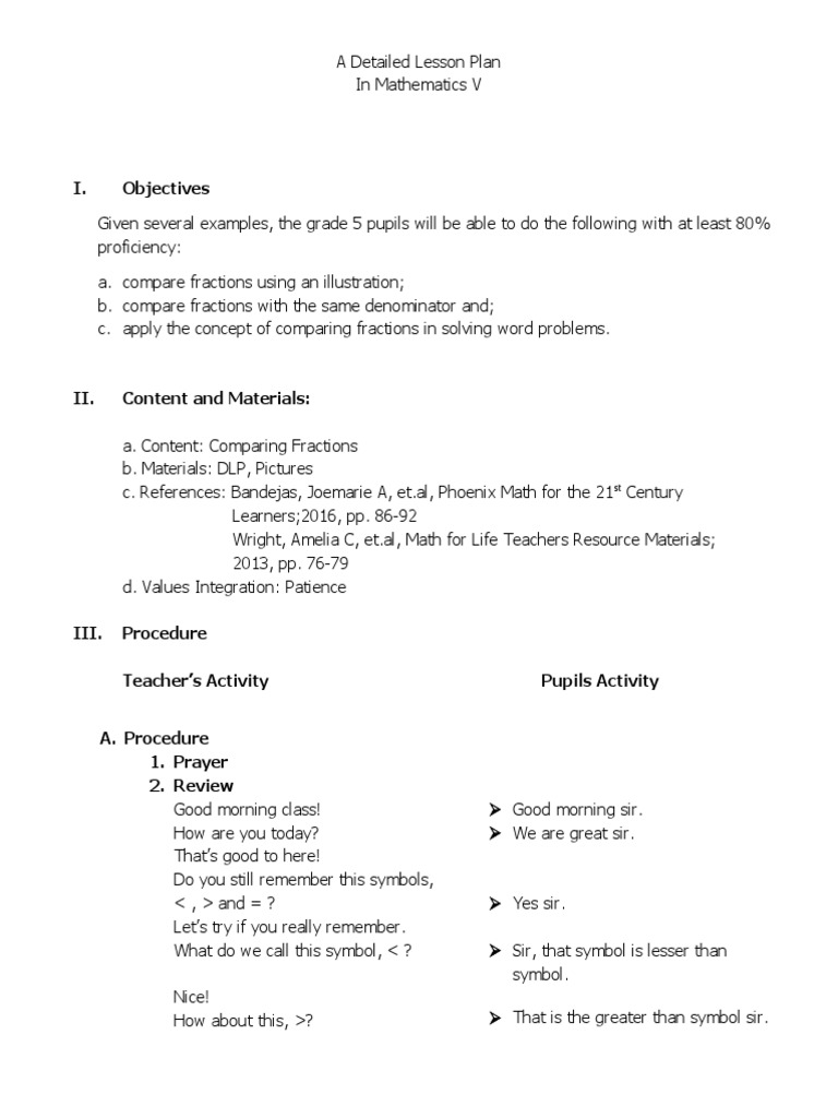 A Detailed Lesson Plan in Mathematics V | PDF | Teaching | Teaching ...