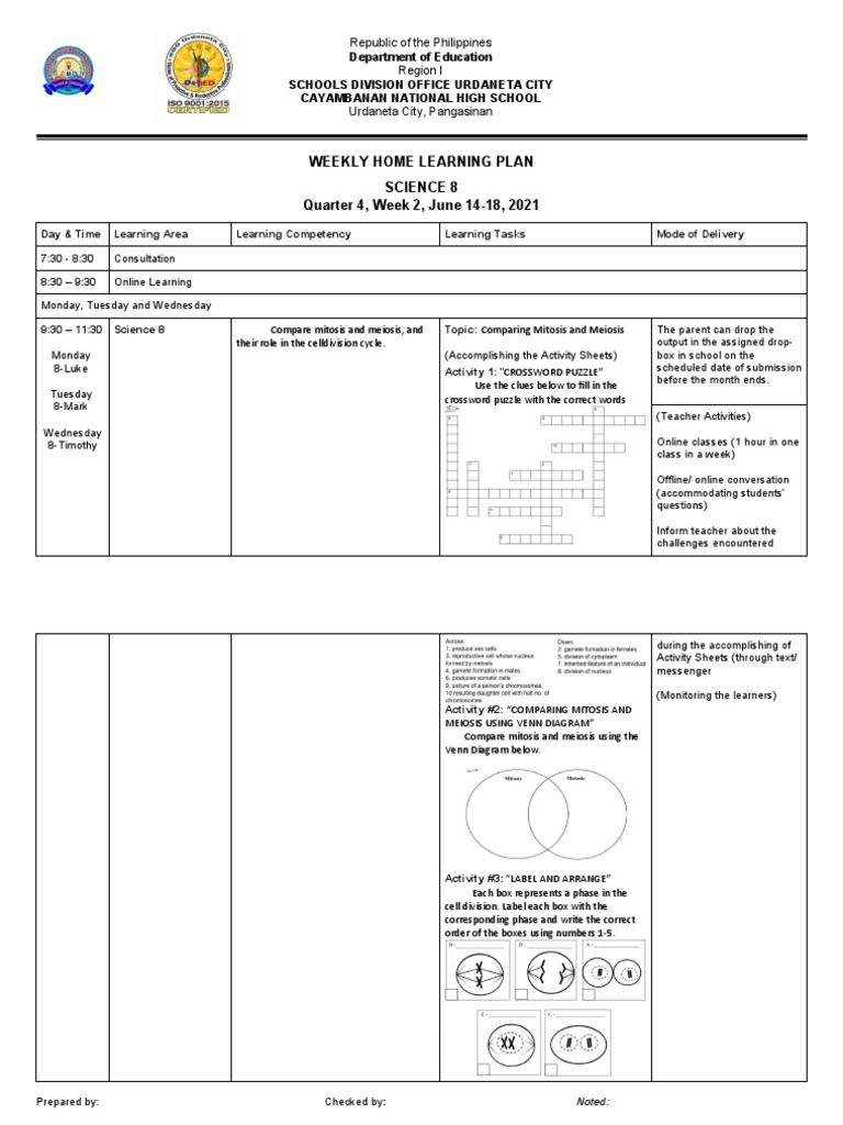 Weekly Home Learning Plan Science 8 Quarter 4, Week 2, June 14-18, 2021 ...