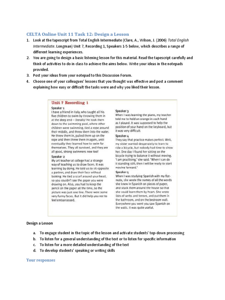 CELTA Online Unit 11 Task 12 - Design A Lesson | PDF