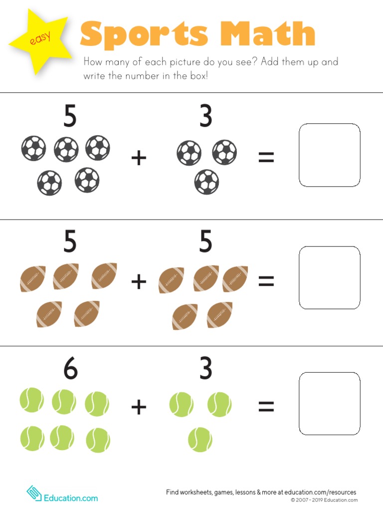 Sports Math: How Many of Each Picture Do You See? Add Them Up and Write ...