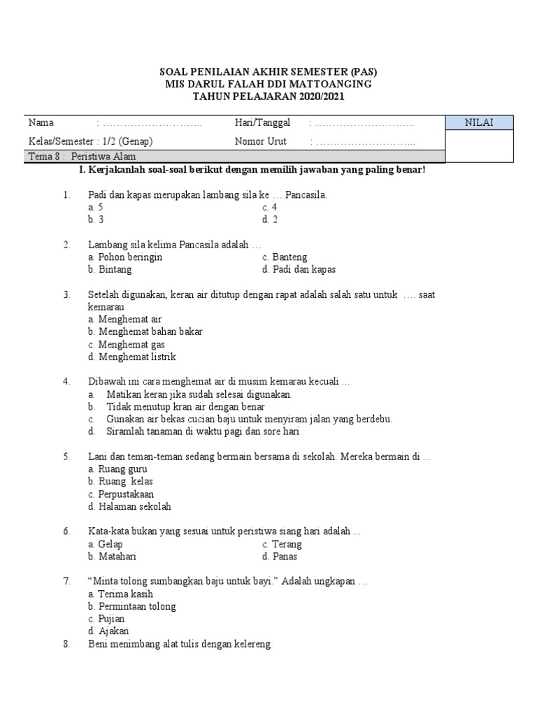 Soal Pas Kelas 1 Tema 8 | PDF