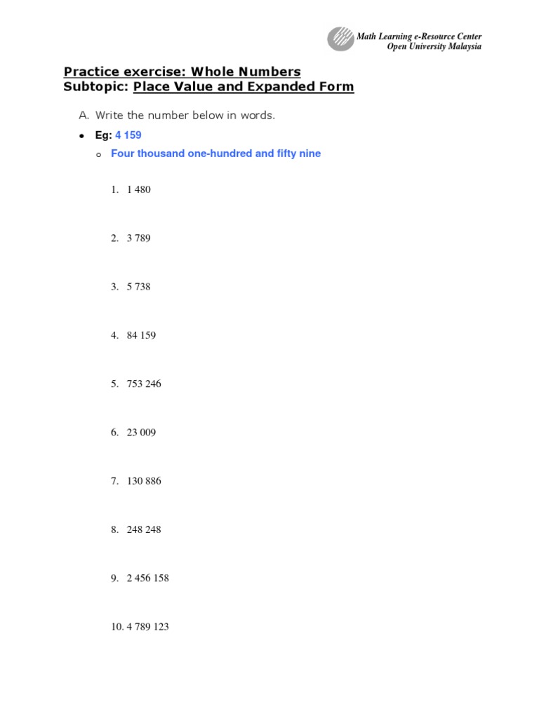 Practice Exercise: Whole Numbers Subtopic: Place Value and Expanded Form | PDF