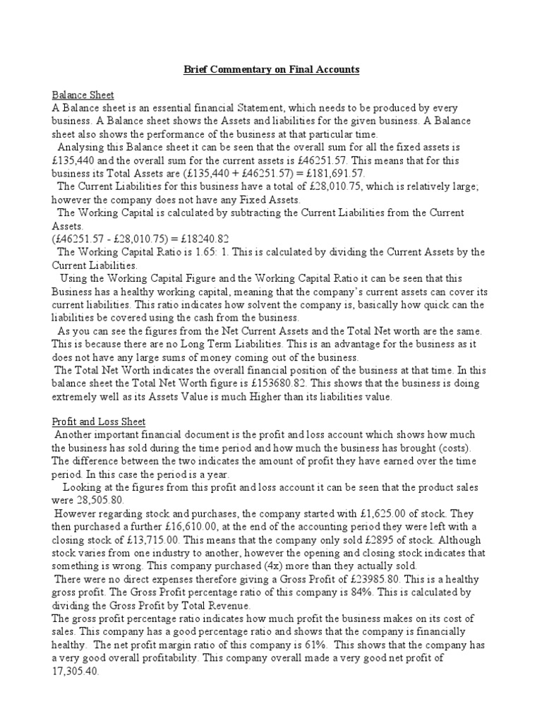 Brief Commentary on Final Accounts | Balance Sheet | Working Capital