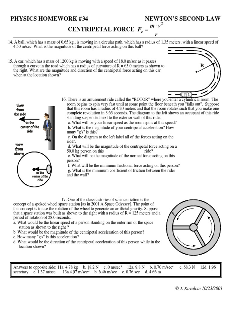 Physics Homework #34 Newton'S Second Law Centripetal Force F | PDF ...