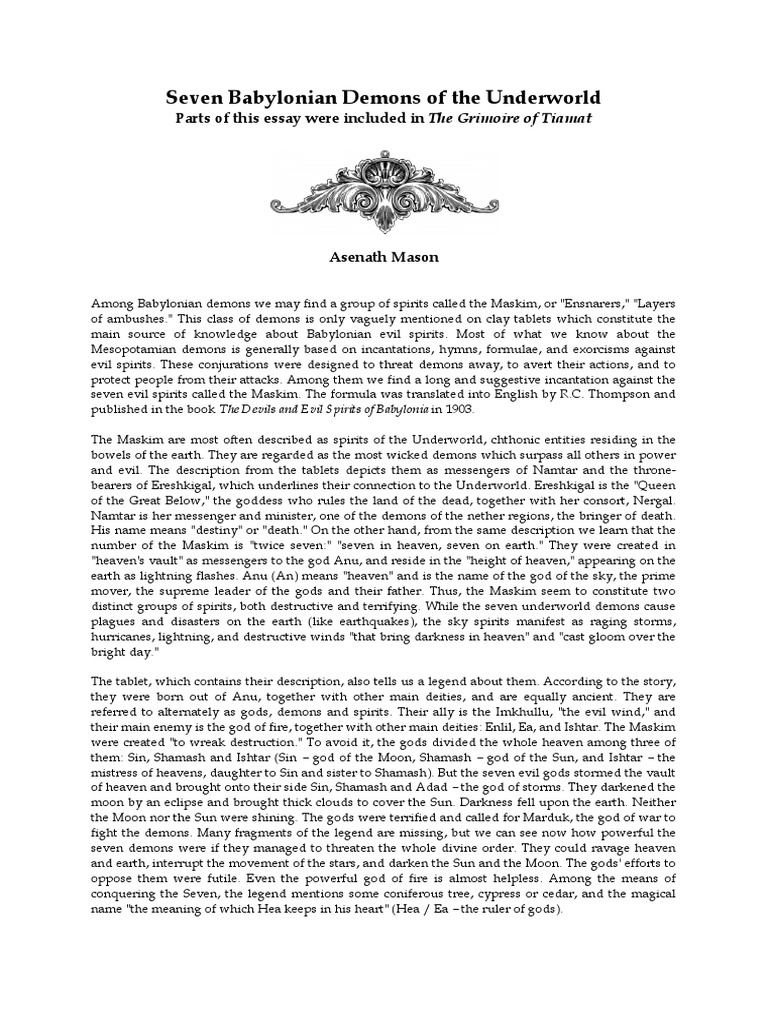 Seven Babylonian Demons of The Underworld: Parts of This Essay Were ...
