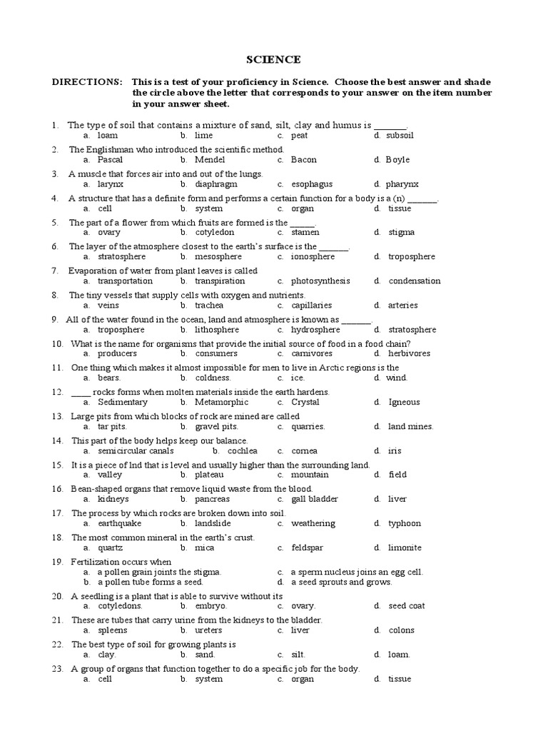 Science Proficiency Test Questions | PDF | Smallpox | Atmosphere Of Earth