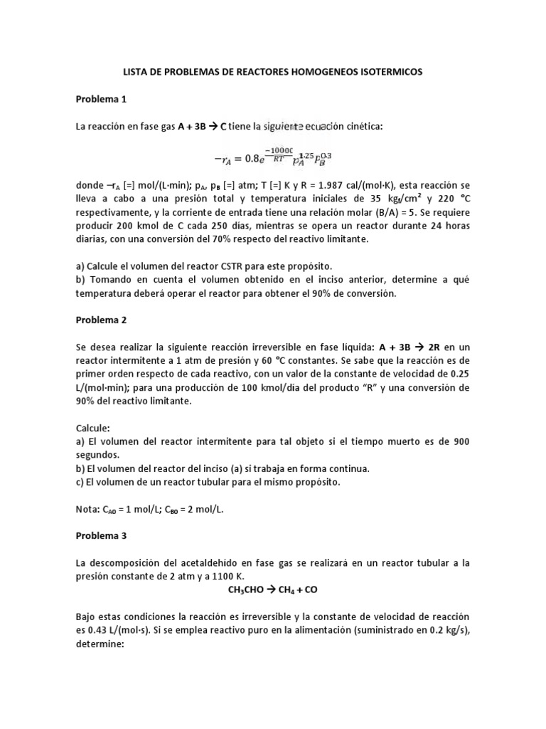 Tarea 1. Lista de Problemas Reactores Homogéneos Isotérmicos | PDF | Reactor Quimico | Cinética ...