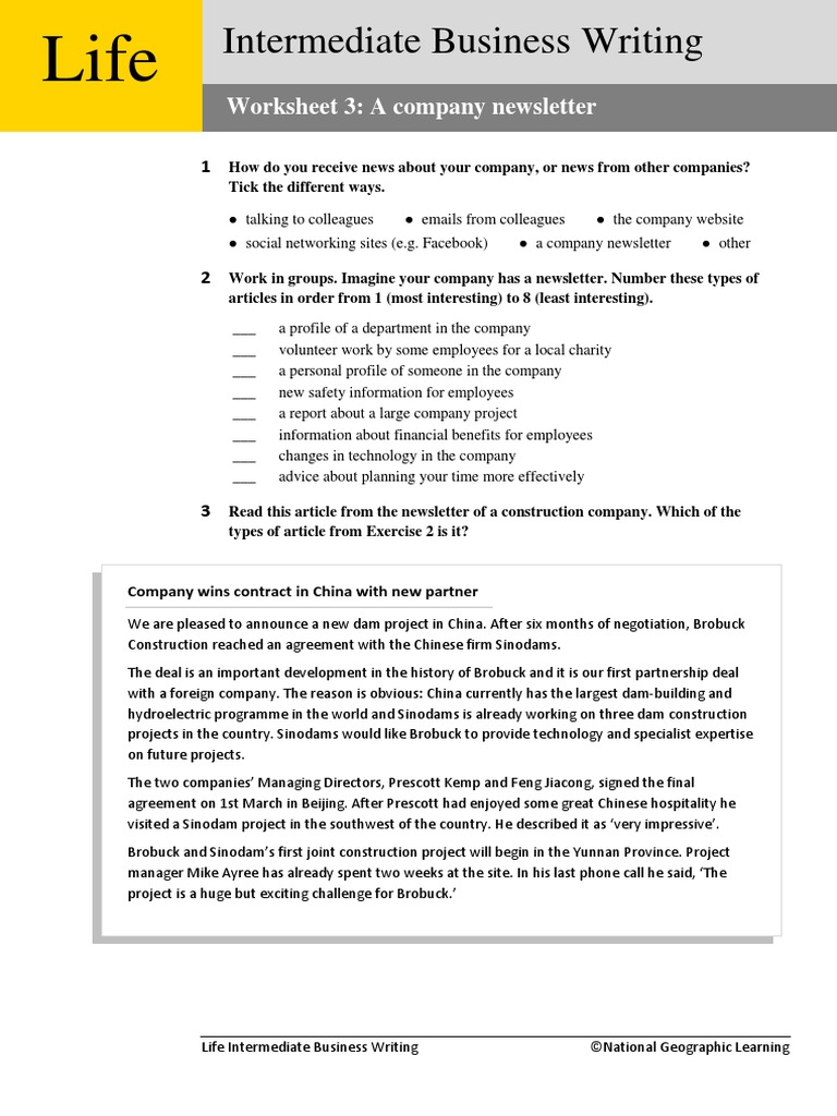 Intermediate Business Writing: Worksheet 3: A Company Newsletter | PDF ...