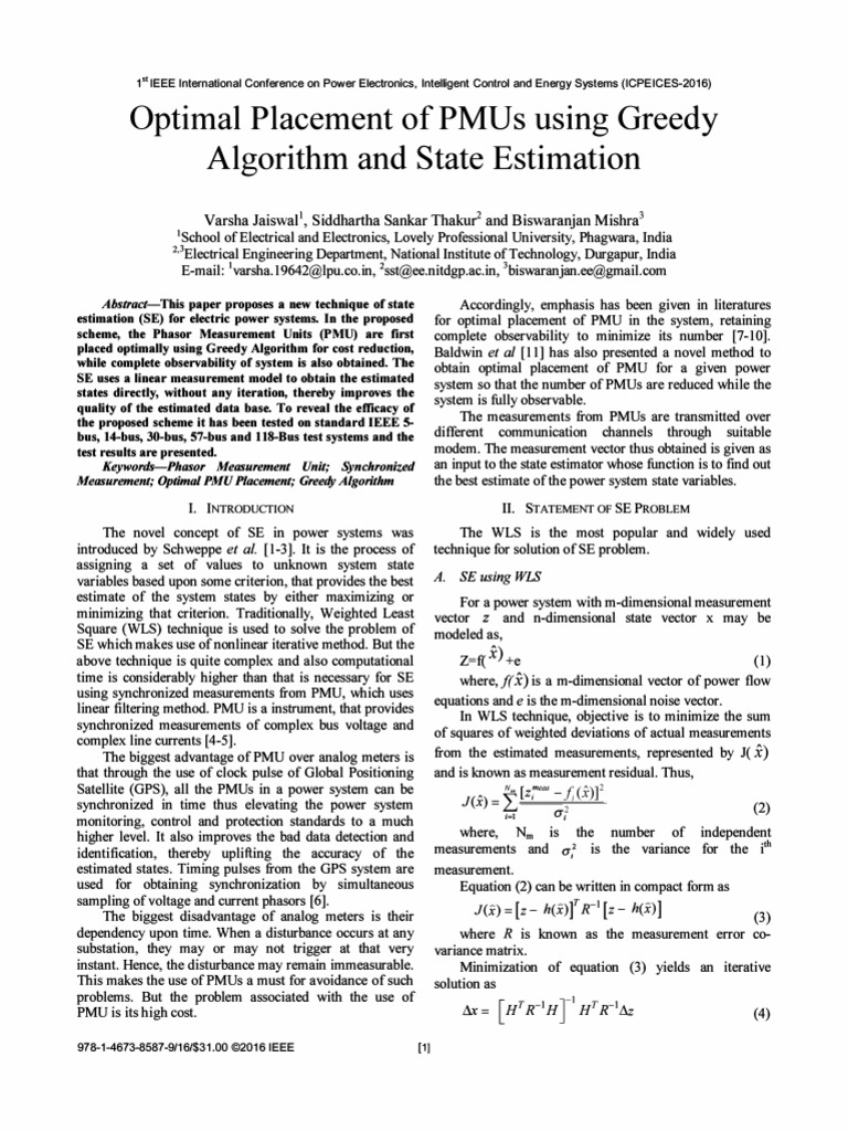 Optimal Placement Of Pmu S Using Greedy Algorithm And State Estimation Pdf Matrix