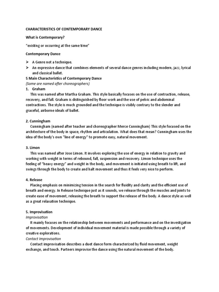 Characteristics of Contemporary Dance | PDF