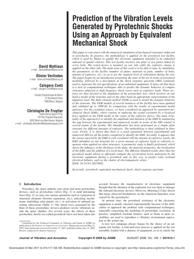 Prediction of The Vibration Levels Generated by Pyrotechnic Shocks ...