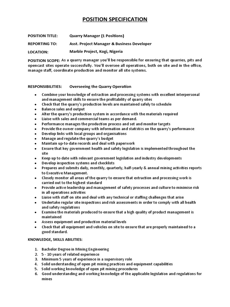 JD Quarry Manager | PDF | Mining | Occupational Safety And Health