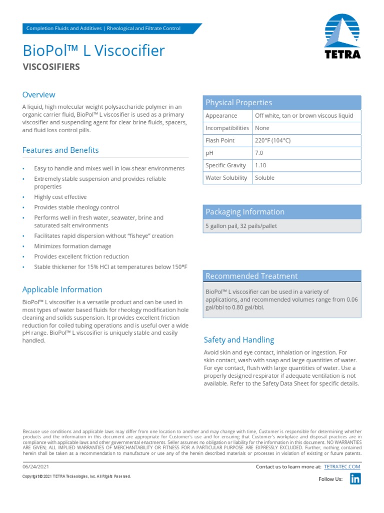 BioPol L Viscosifier Product Data Sheet | PDF | Rheology | Water