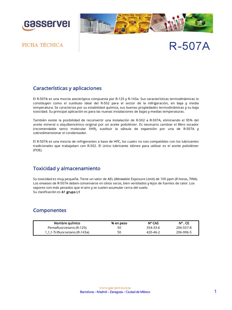 Ficha Tecnica R 507a Gas Servei | PDF | Refrigeración | Calor