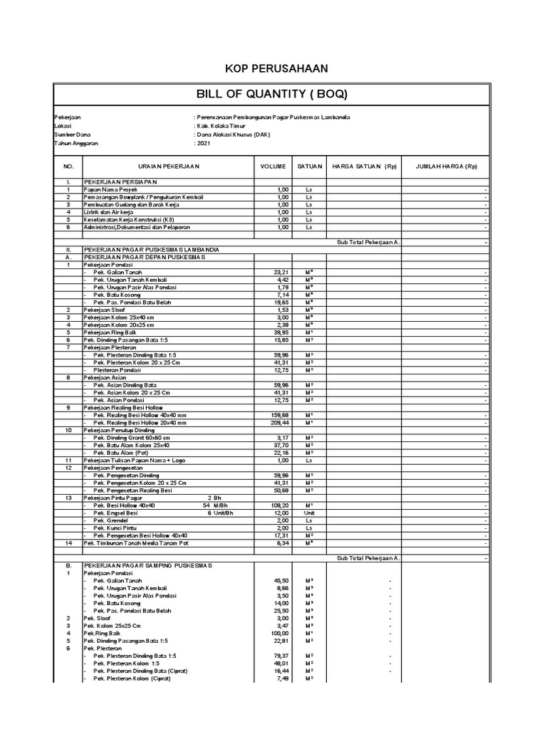Bill of Quantity (Boq) : Kop Perusahaan | PDF