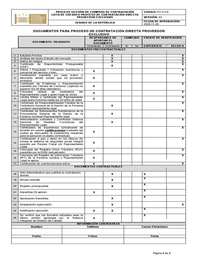 PC-Fr19 Formato Lista Chequeo Contratación Directa - Proveedor ...