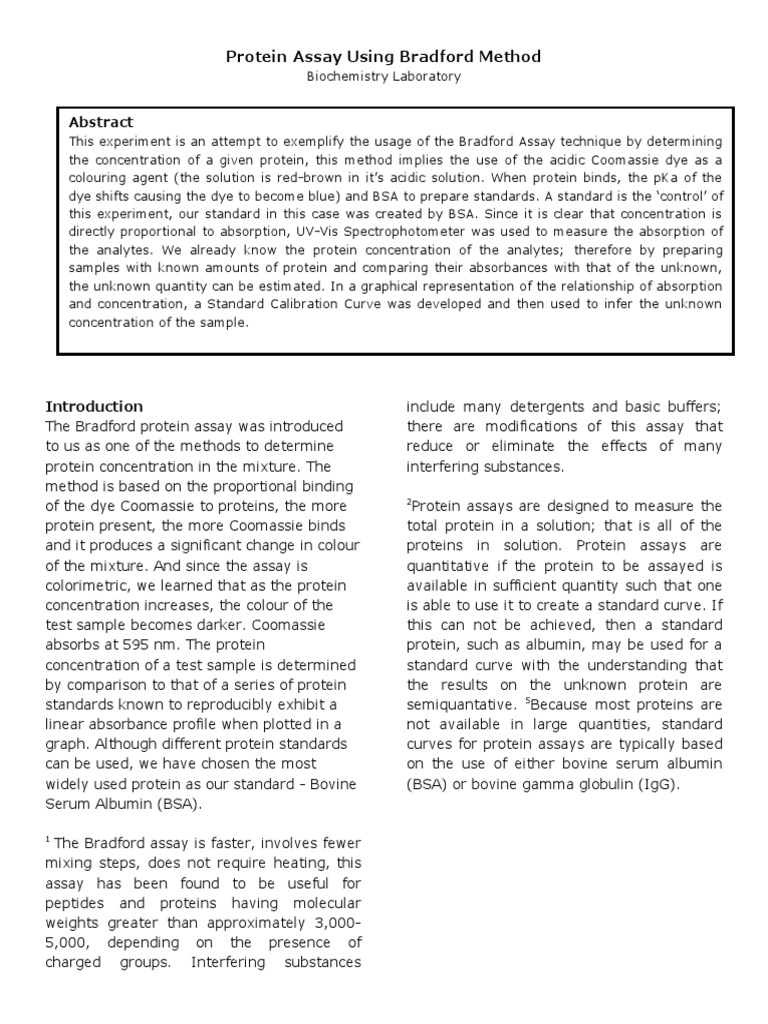 Protein Assay Using Bradford Method | PDF | Proteins | Analytical Chemistry