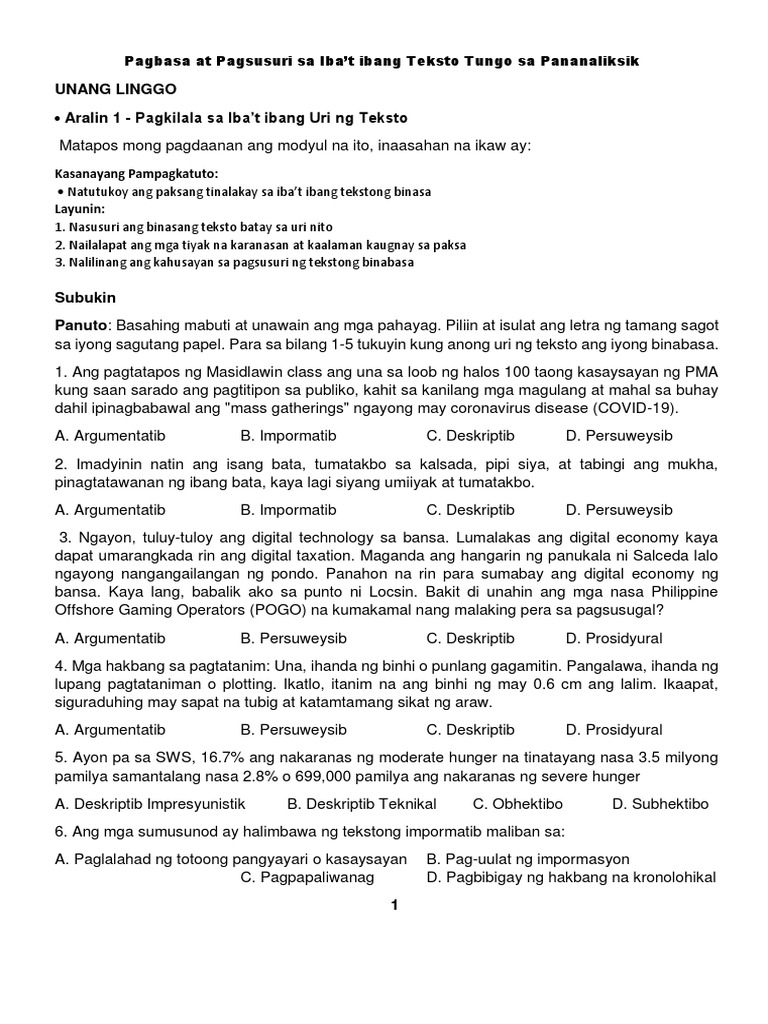 Week 1 Pagbasa at Pagsusuri Ibat Ibang Uri NG Teksto | PDF