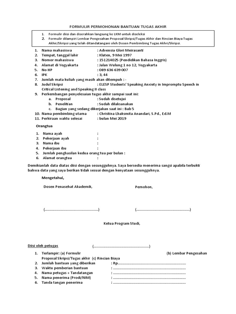 Formulir Permohonan Bantuan Tugas Akhir | PDF | Kajian Bahasa Asing | Griya & Taman