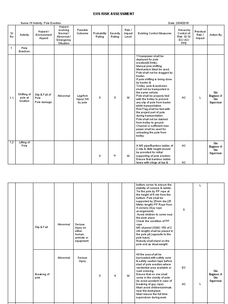 EHS Risk Assessment - 3. Pole Erection | PDF | Crane (Machine) | Risk