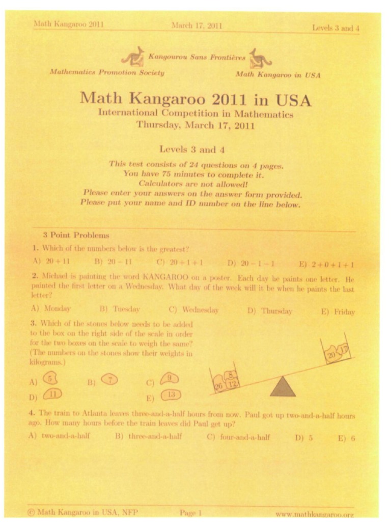 Kangaroo Math Level 3 4 | PDF