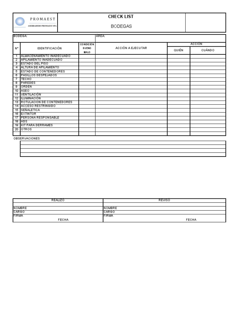 Checklist Bodega | PDF