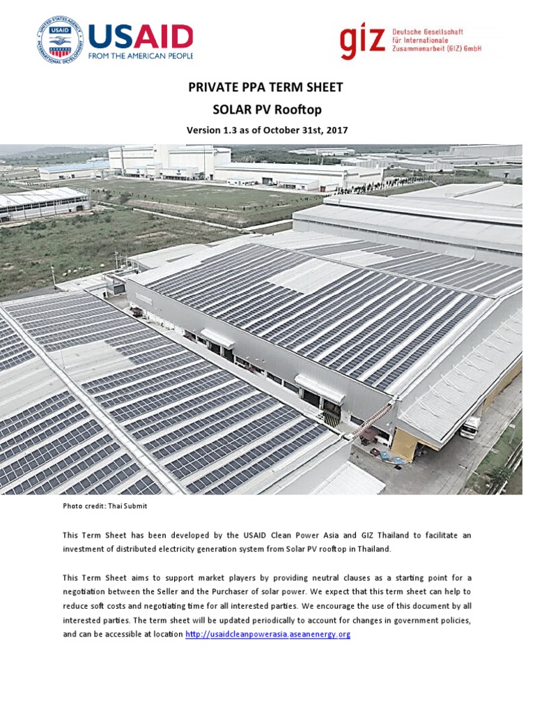 Private Ppa Term Sheet SOLAR PV Rooftop: Version 1.3 As of October 31st ...