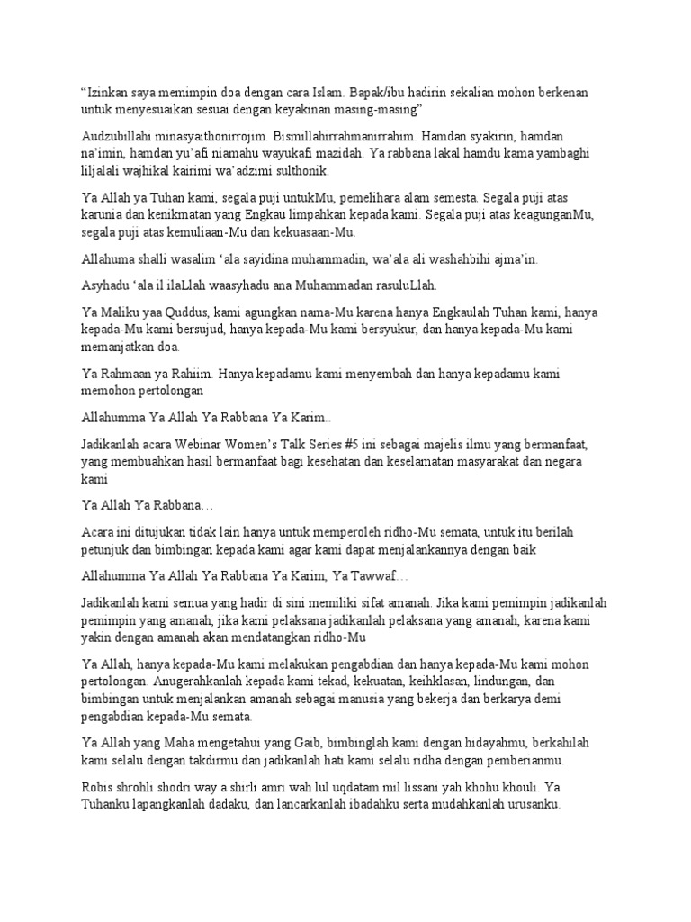 Teks Doa Webinar Women's Talk Series #5 | PDF