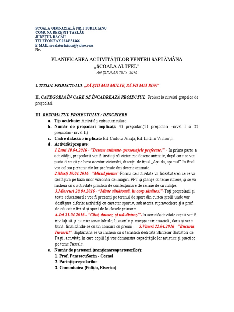 Planificare Activitati Scoala Altfel Gradinita | PDF