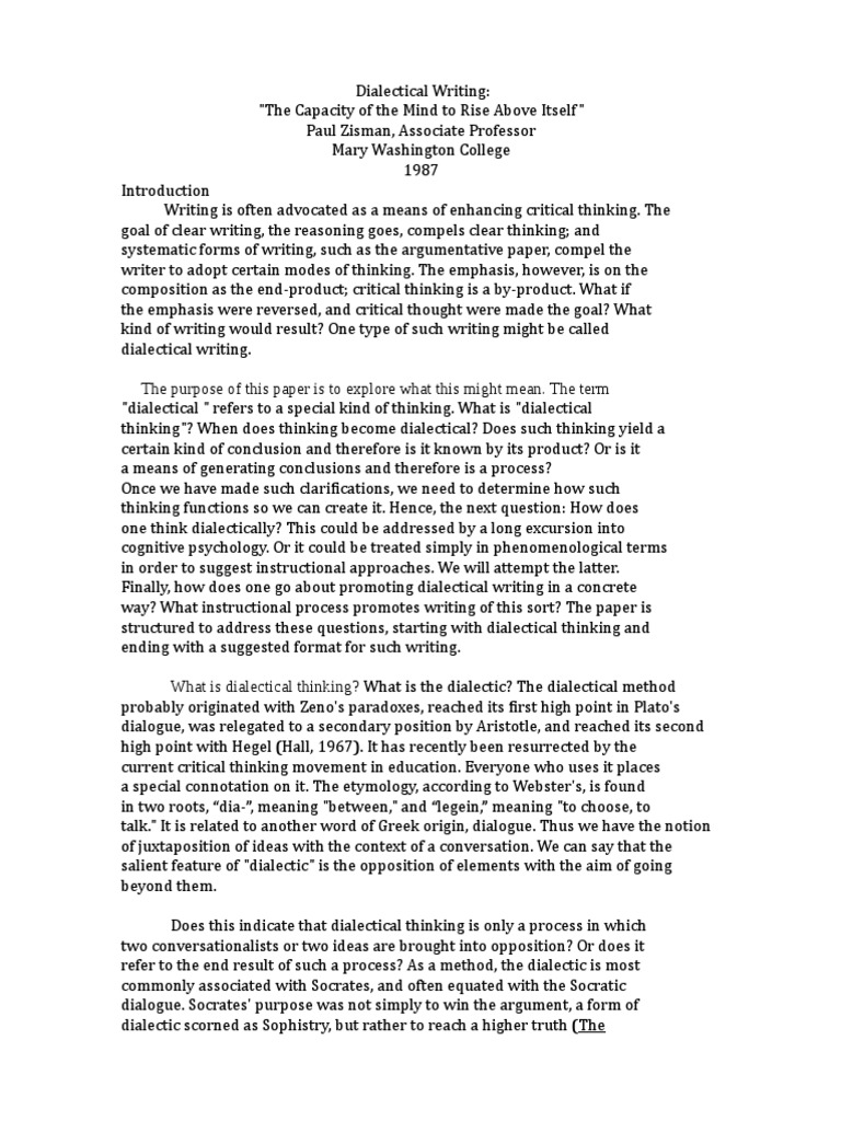 Exploring Dialectical Thinking and Writing: Bringing Ideas into Opposition to Advance to Higher ...