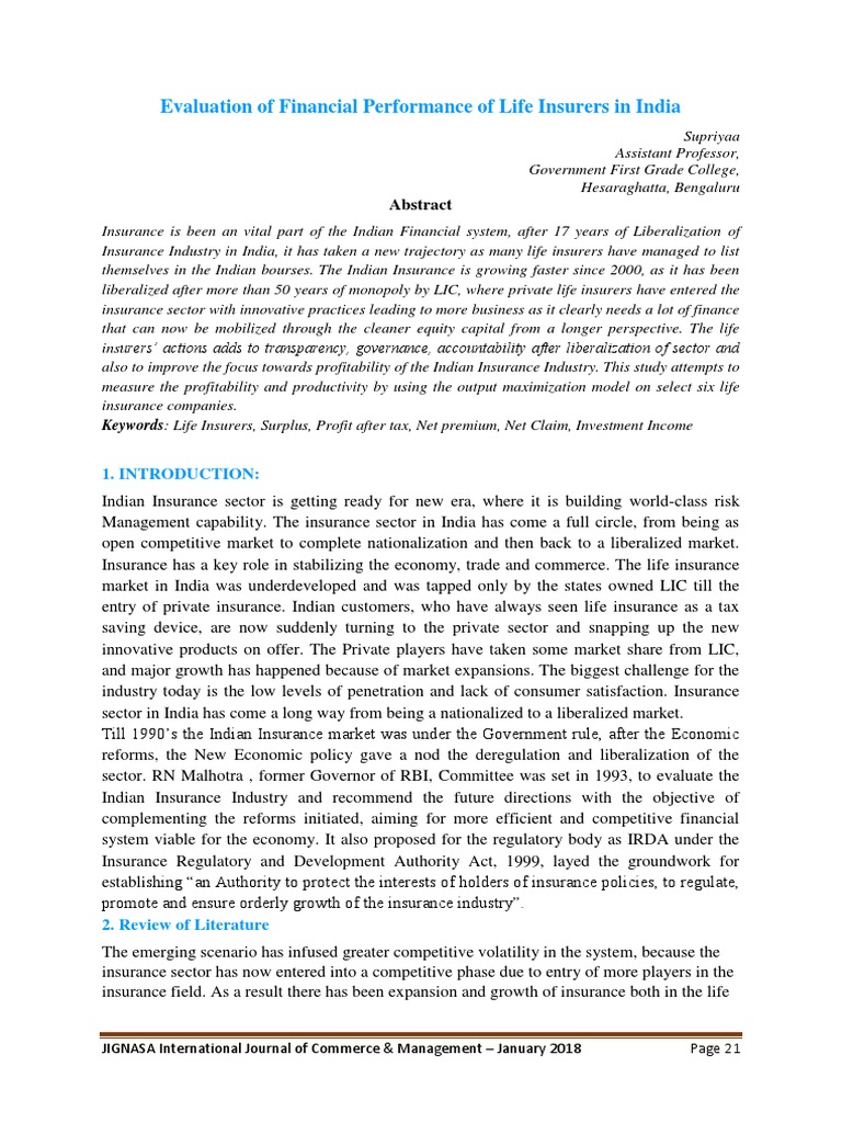Analysis of the Financial Performance of Major Life Insurers in India ...