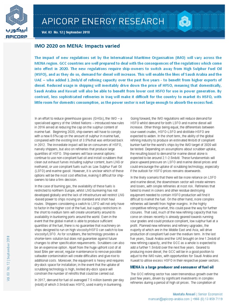 APICORP Energy Research V03 N12 2018 | PDF | Fuel Oil | Oil Refinery