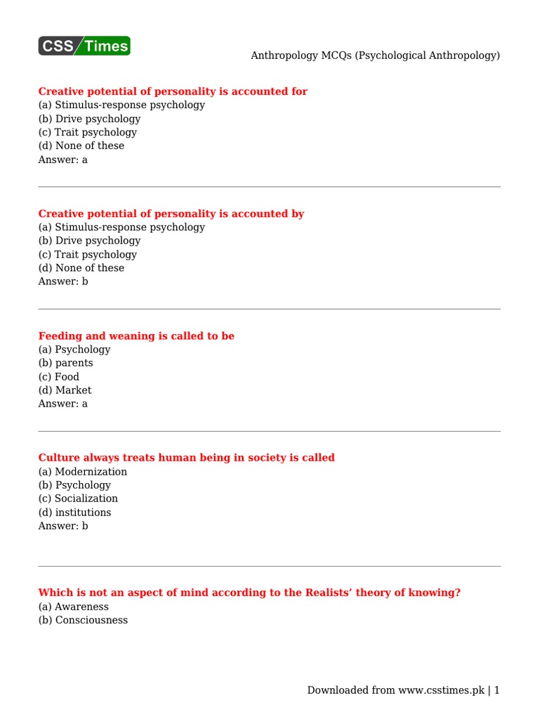 Anthropology MCQs (Psychological Anthropology) | PDF | Idealism | Existentialism