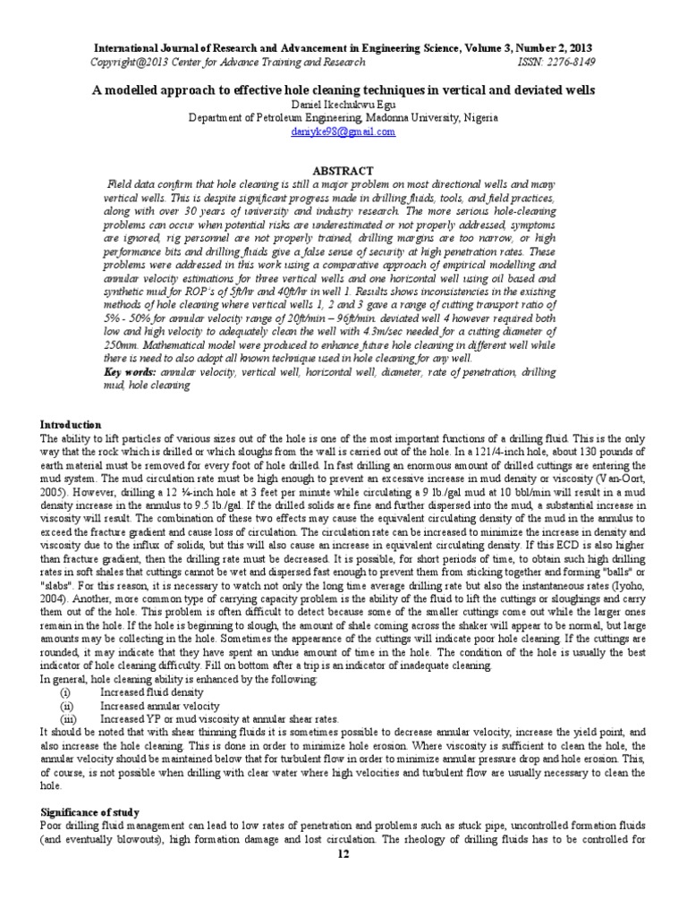 A Modelled Approach To Effective Hole Cleaning Techniques in Vertical ...