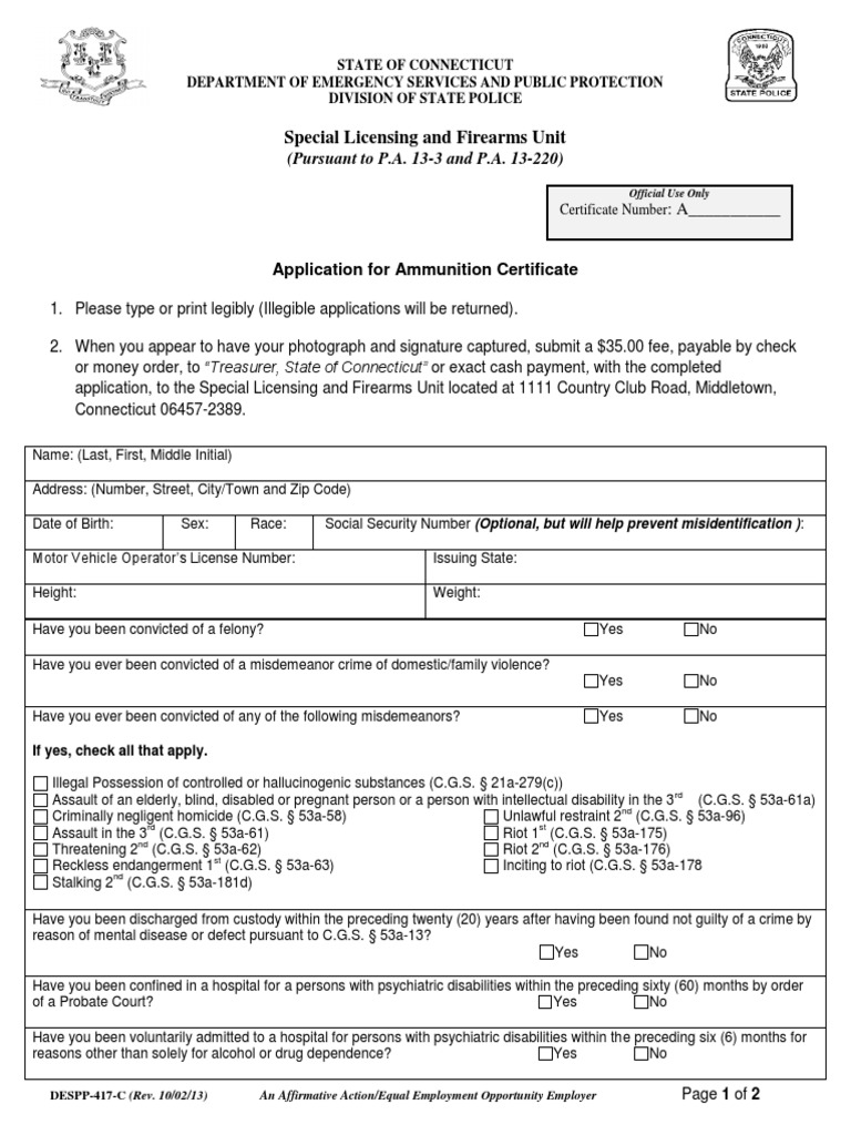 Connecticut Ammunition Certificate Application | PDF | Restraining ...