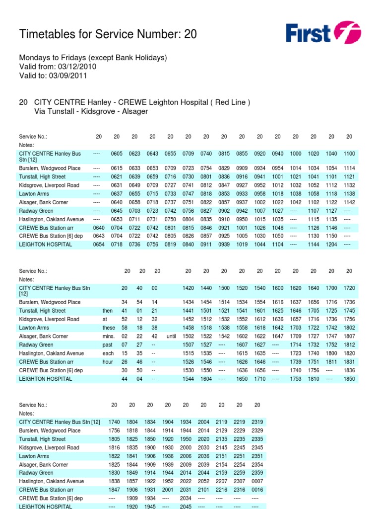 Timetables For Service Number: 20: Mondays To Fridays (Except Bank ...