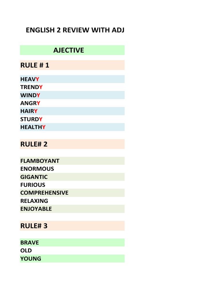 English 2 Review With Adjectives (Class Practice) Ajective Rule # 1 ...