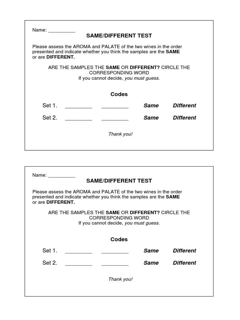 Same/Different Test: Set 1. Set 2 | PDF