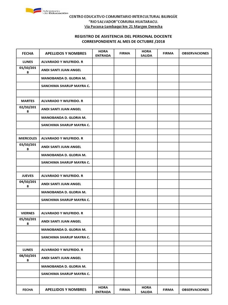 Registro De Firmas Docentes 2019 Pdf