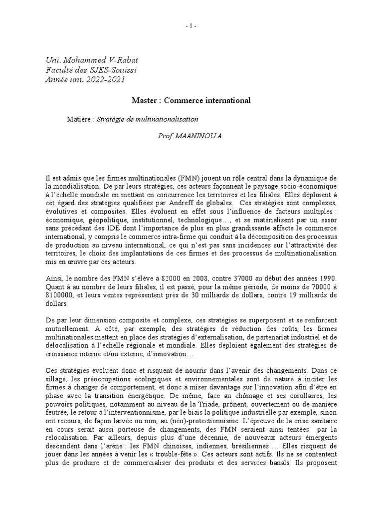 Strat ©gies de Multinationalisation Des Entreprises | PDF | Délocalisation | Société multinationale