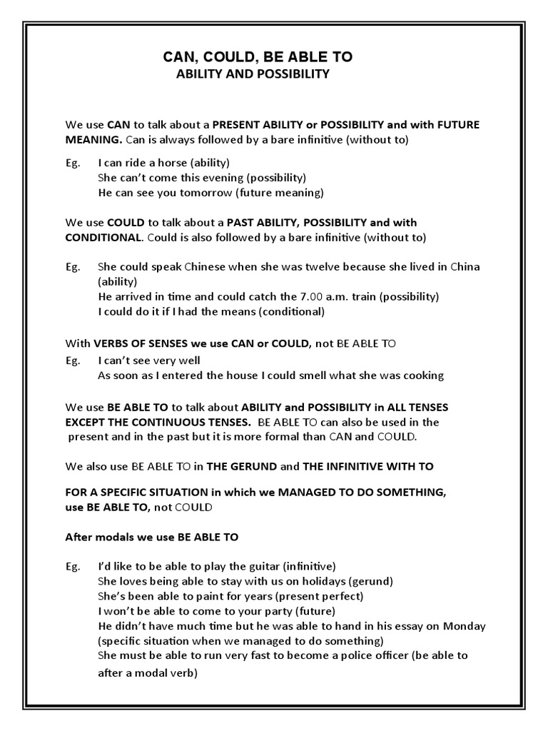 Can, Could, Be Able To Ability and Possibility | PDF | Syntax | Linguistics